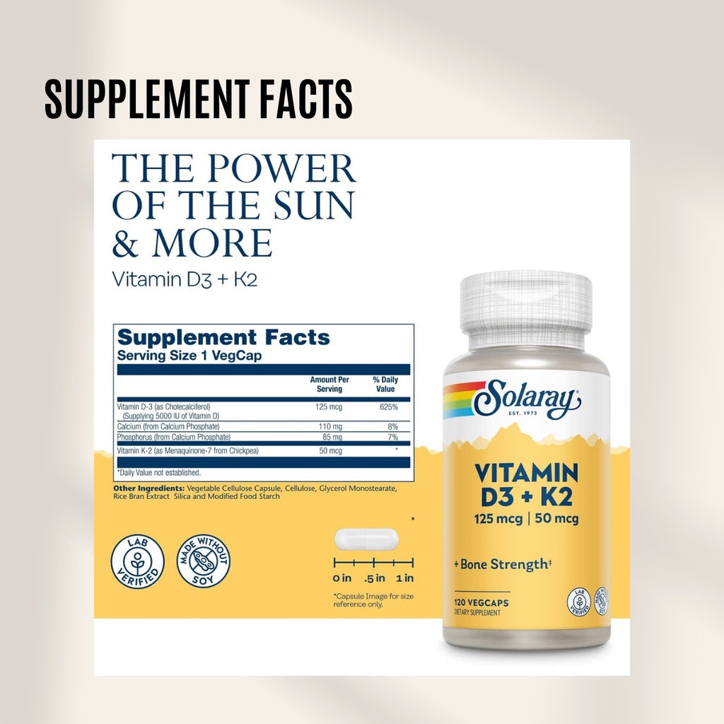 Solaray Vitamin D3 + K2, 60-120 Vegcaps
