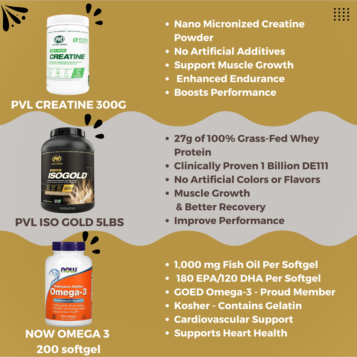 Combo STRENGTH AND ENDURANCE, PVL Iso Gold 5lb + PVL Creatine + Omega